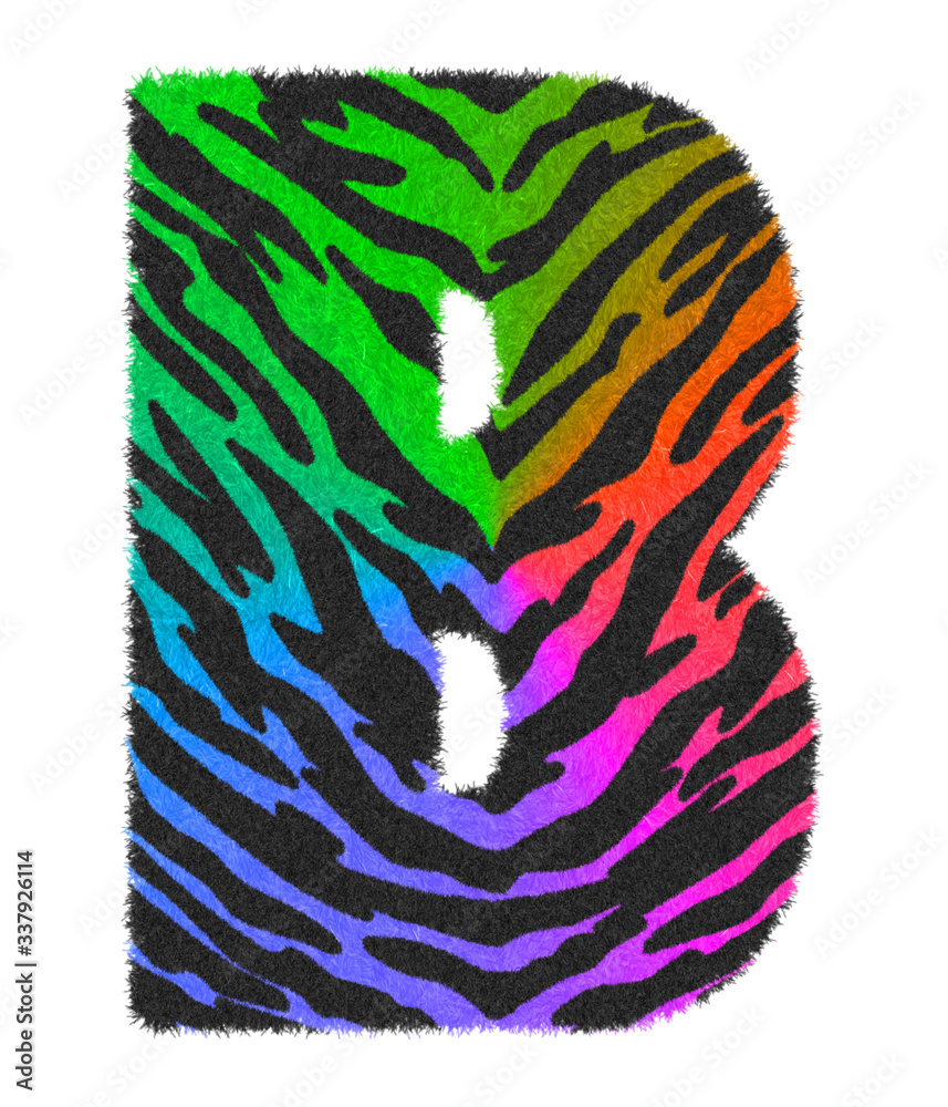 3D illustration Tiger black rainbow print letter B, animal skin fur ...