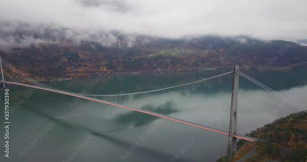 An aerial view of the Hardanger Bridge. The suspension bridge spanning ...