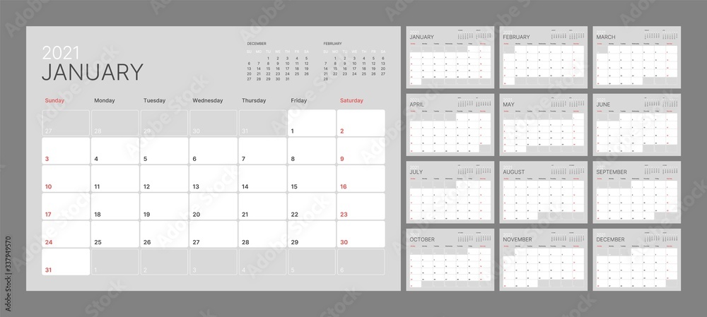 Wall calendar template for 2021 year. Planner diary in a minimalist ...