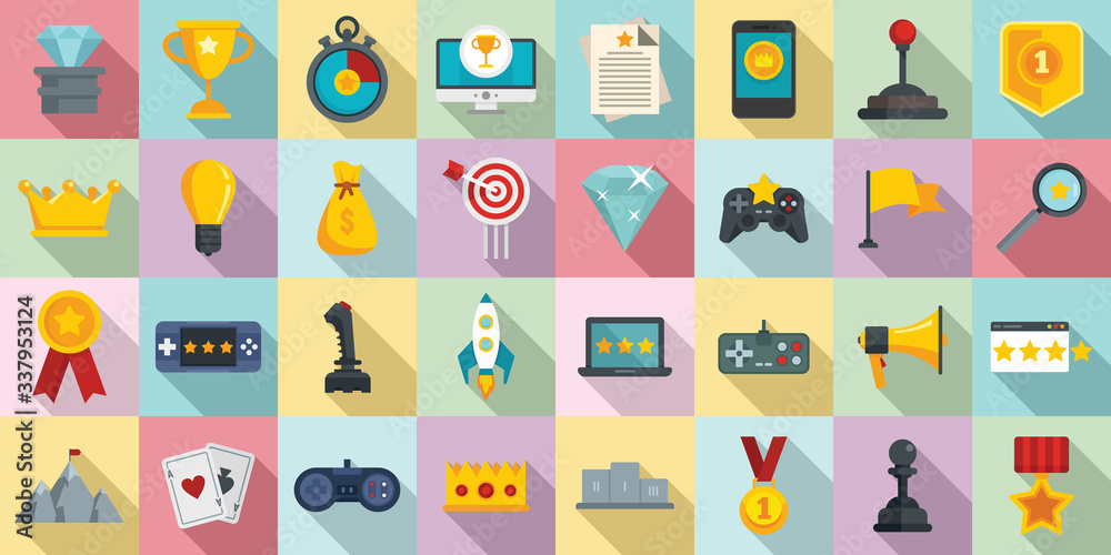Gamification icons set. Flat set of gamification vector icons for web ... Gamification icons set. Flat set of gamification vector icons for web ...