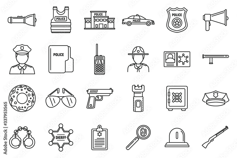 Police station equipment icons set. Outline set of police station ...