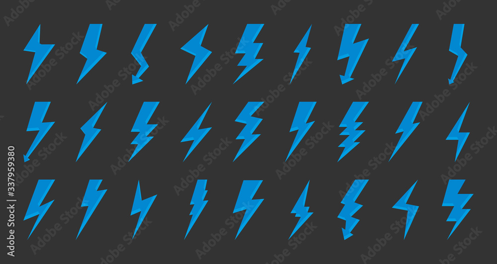 Blue lightning bolt icon set. Symbol logo storm or thunder and ...