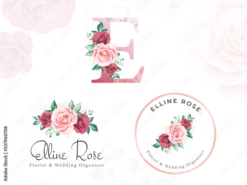Watercolor gold floral logo set for initial E of peach roses and leaves ...