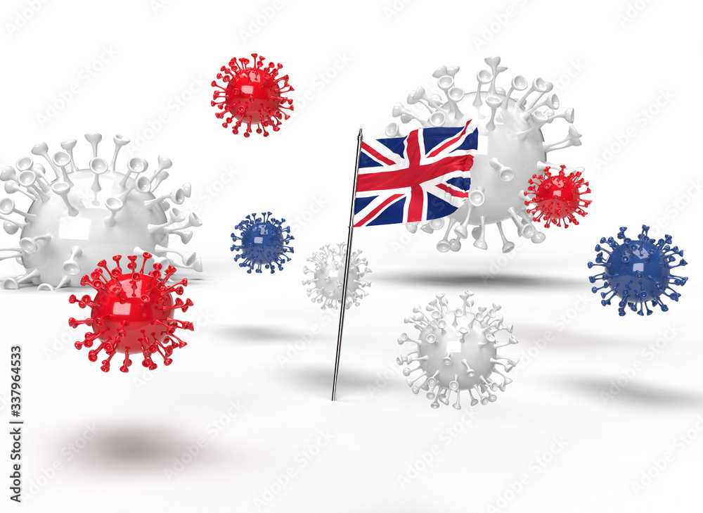 3d render of United Kingdom flag with coronaviruses around, simulating ...