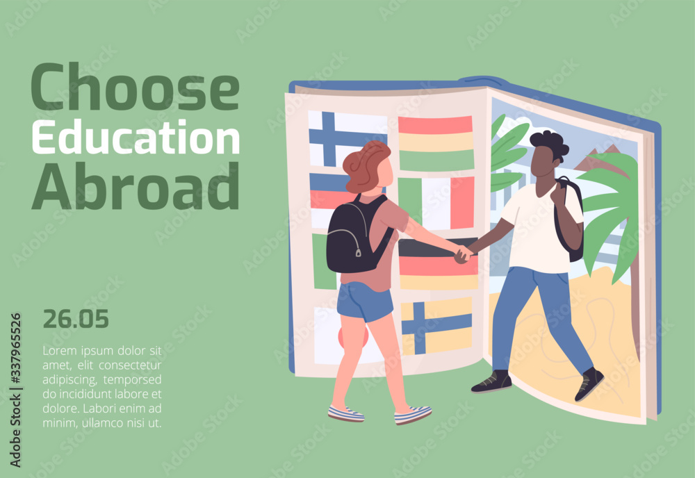 Choose education abroad banner flat vector template. Foreign college ...