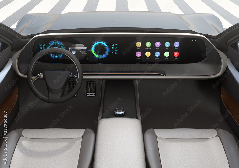 Autonomous electric car without steering and pedals stopped for waiting ...