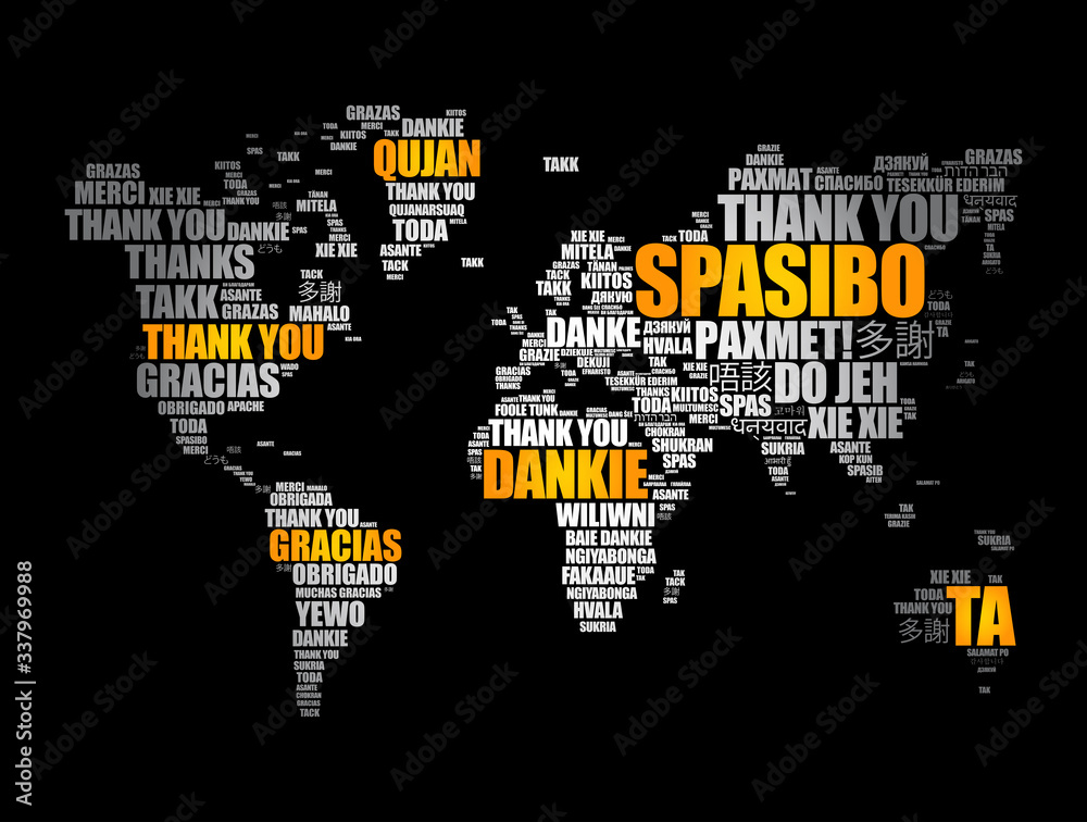 Thank You in many languages World Map in Typography word cloud ...