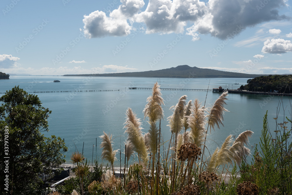 Elevated view of Rangitoto Island in the Hauraki Gulf looking across ...