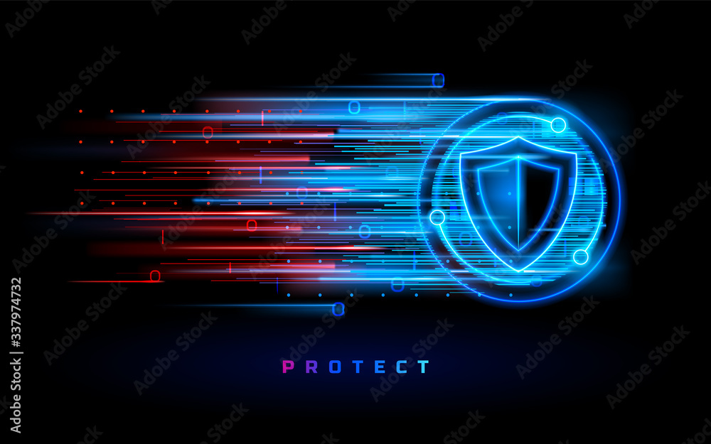 Badge with shield and digital flow. Icon or sign with protection crest ...