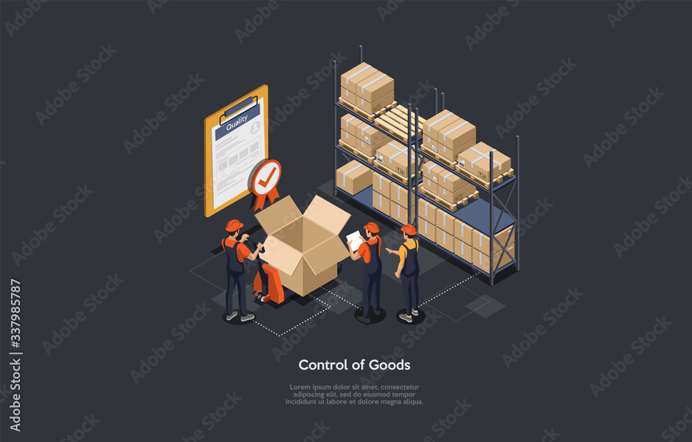 Isometric Team Control of Goods Concept. Warehouse Workers Are Checking ...