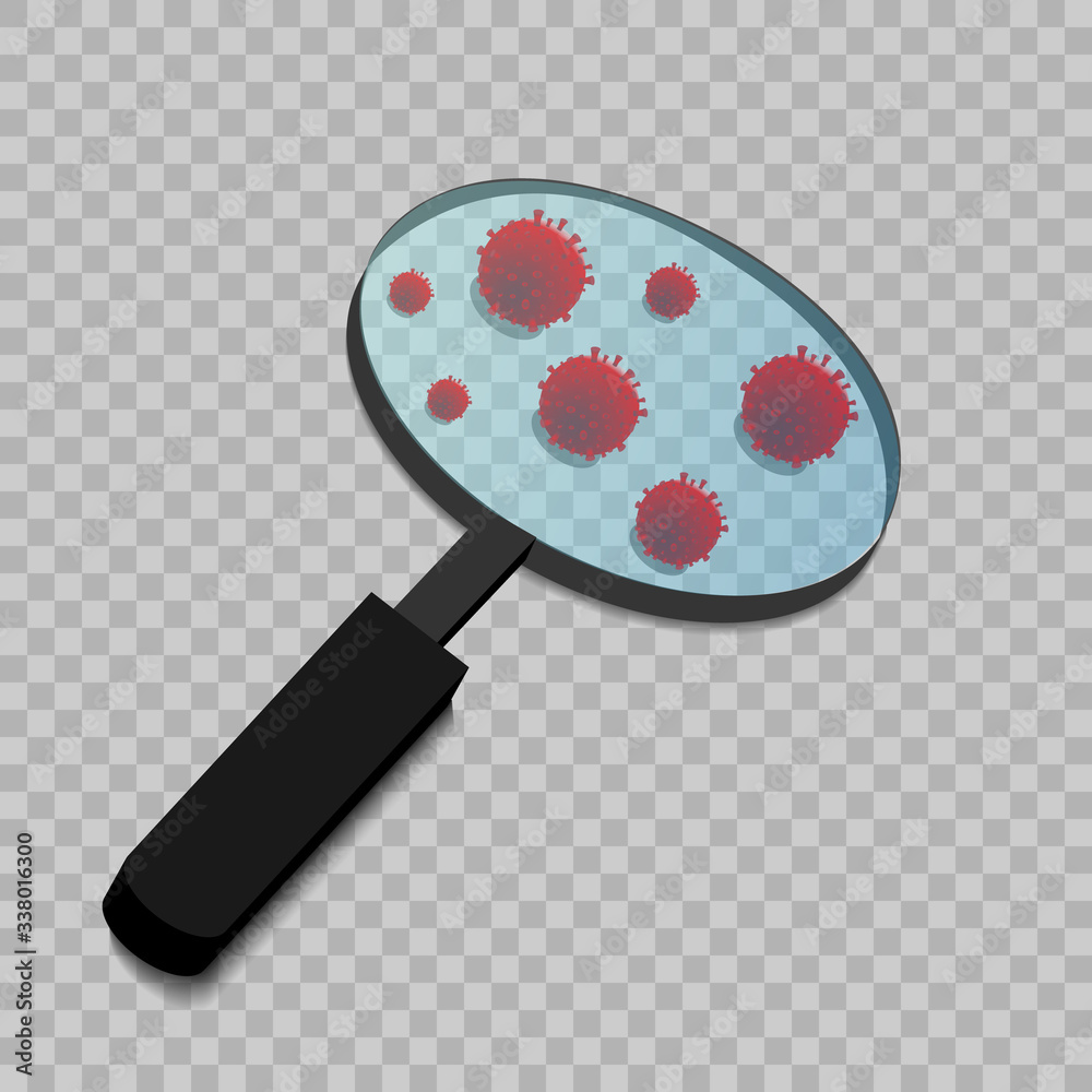 Magnifying glass through which viral cells are visible. Pandemic COVID ...