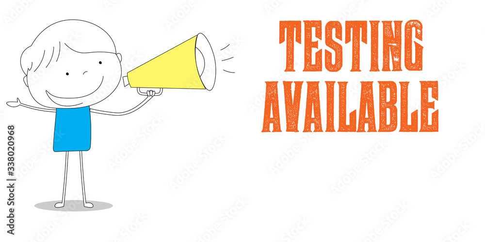 Testing Available annoucement, hand drawn man cartoon illustration ...