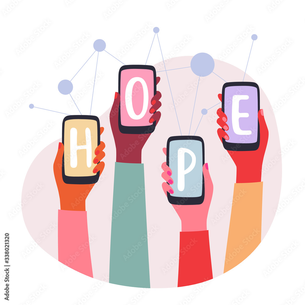 Vetor de Spreading hope message on Social Media. Diverse group of ...