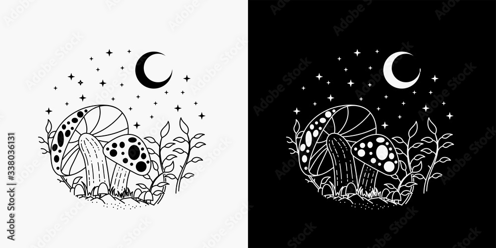 Vetor de illustration of mushrooms with a view of the moon and stars ...