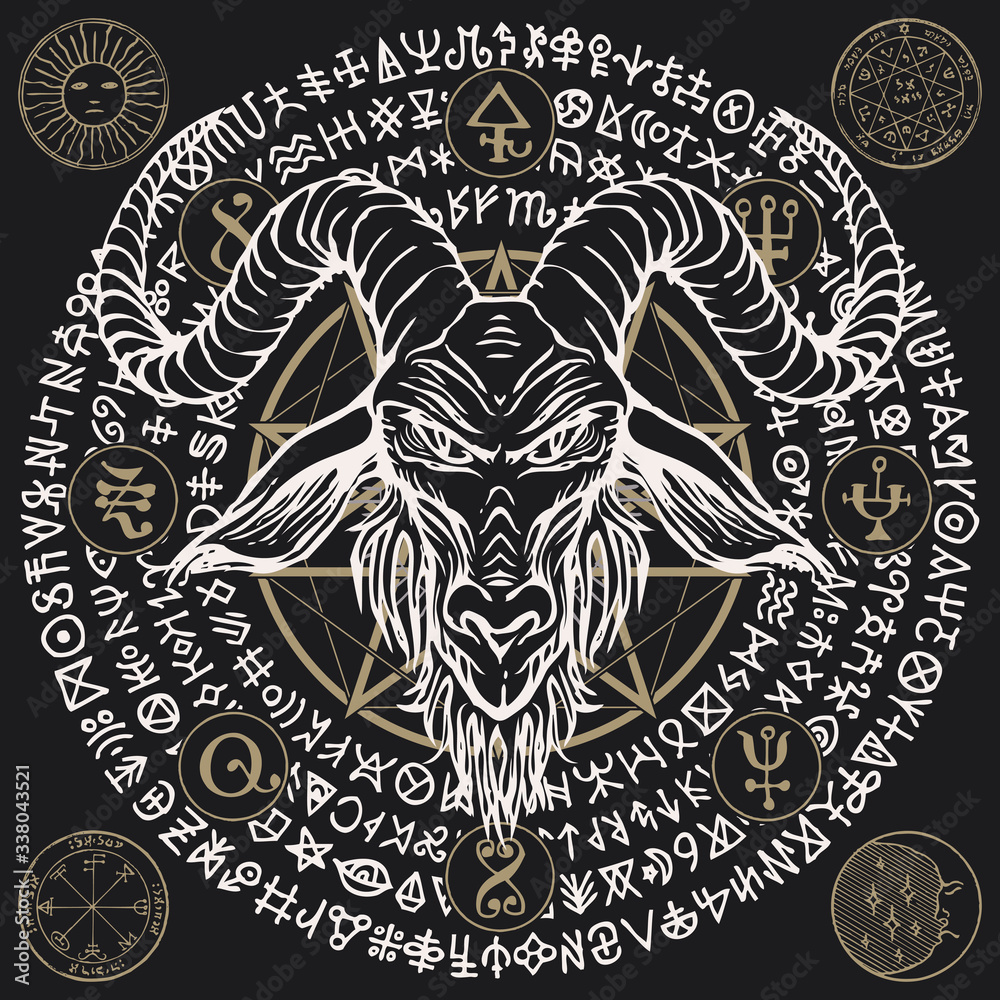 Vector illustration with a horned goat head, pentagram, occult and ...