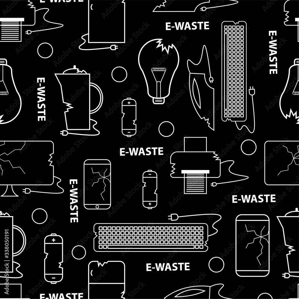 Line style icon collection - e-waste elements. Seamless pattern white ...