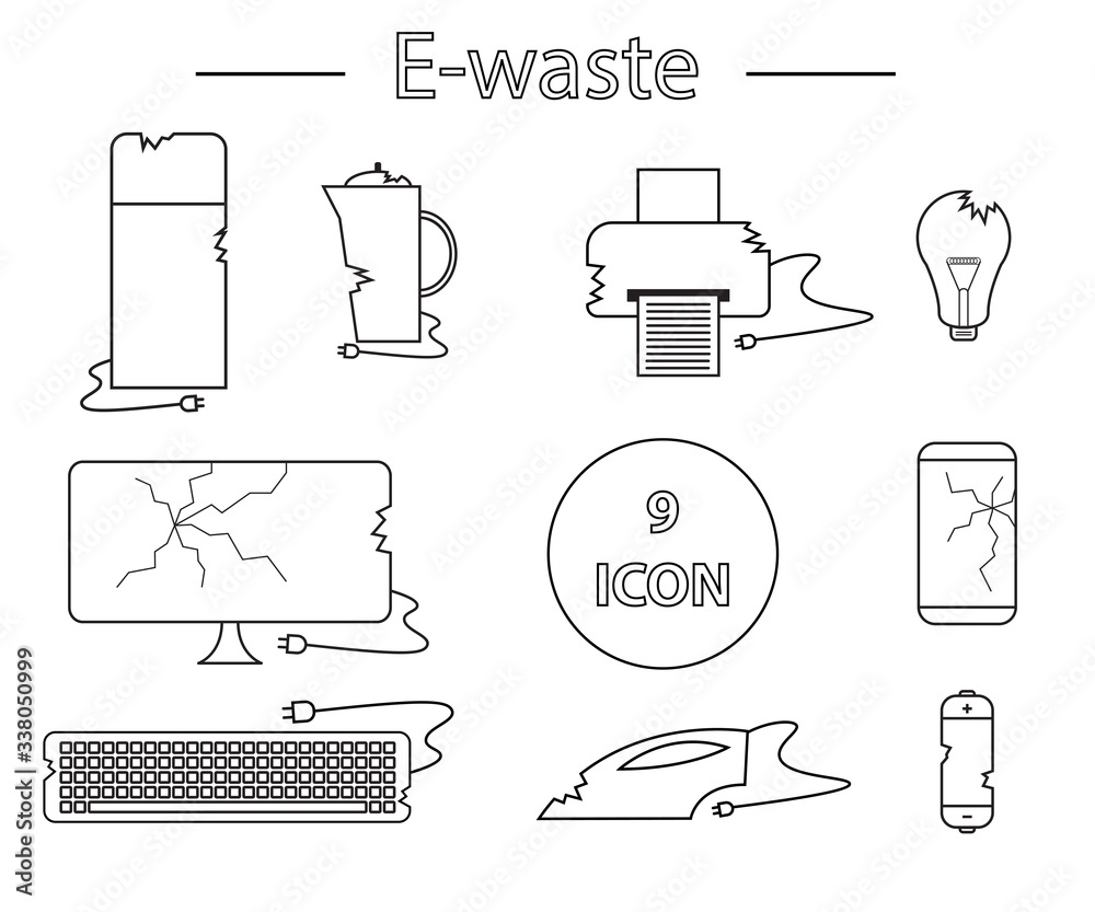 Line style icon collection - black and white e-waste elements ...