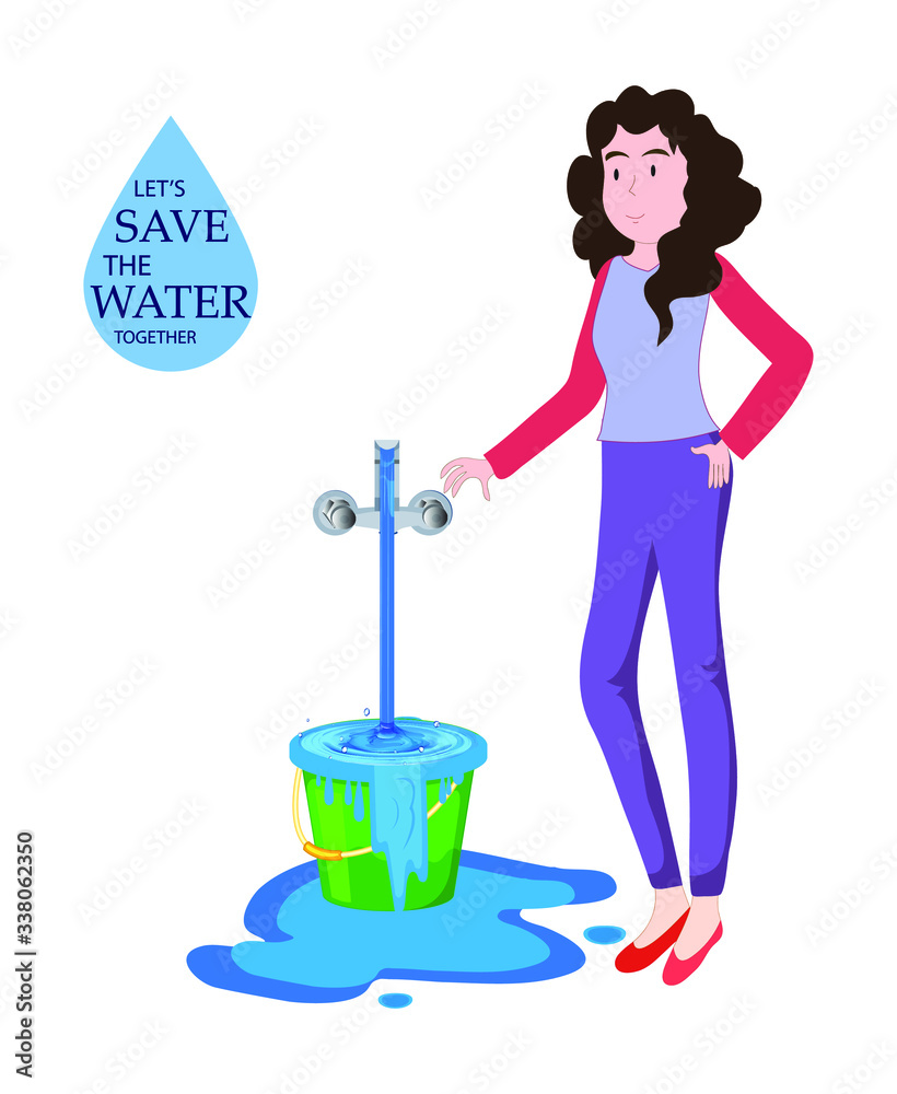 Women closing the water tap as water is overflowing from damage or hole ...