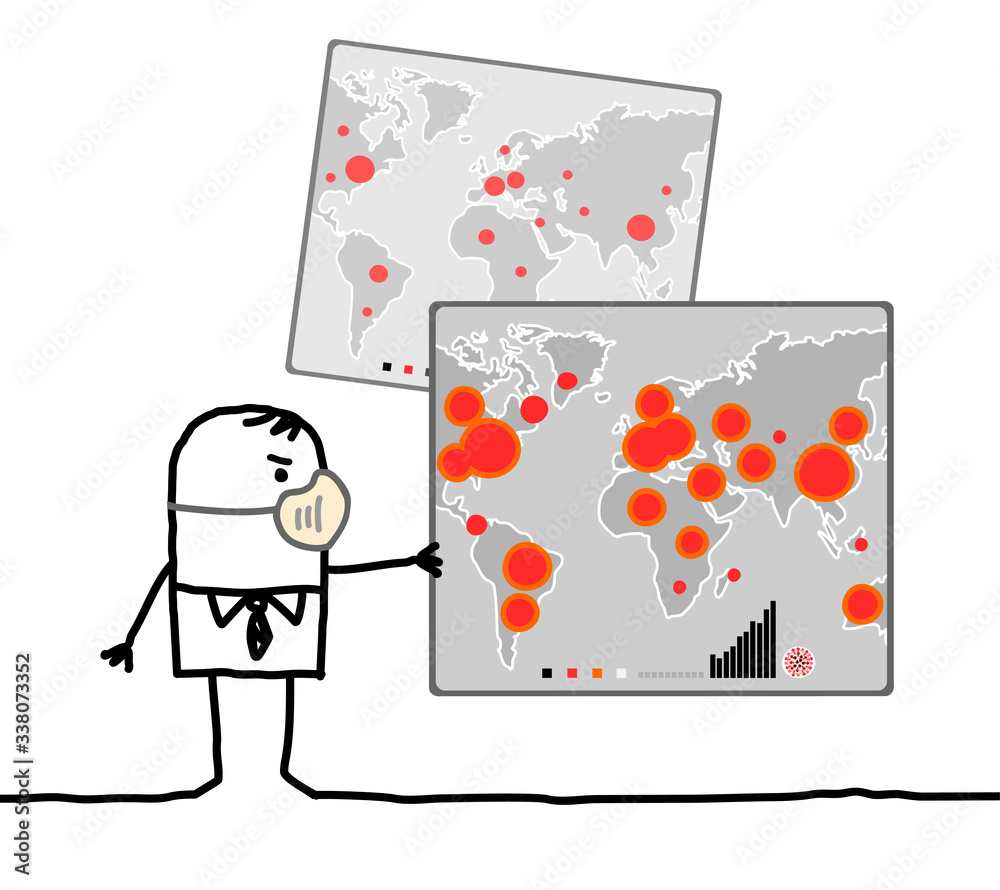 Cartoon man with mask watching a world map with big viral epidemic ...