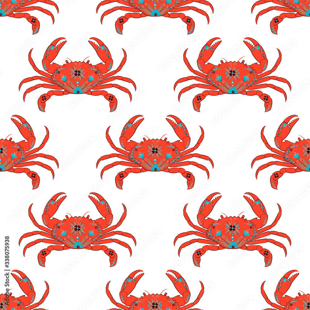 seamless pattern with crabs. Image of a cute crab with flowers decorate ...