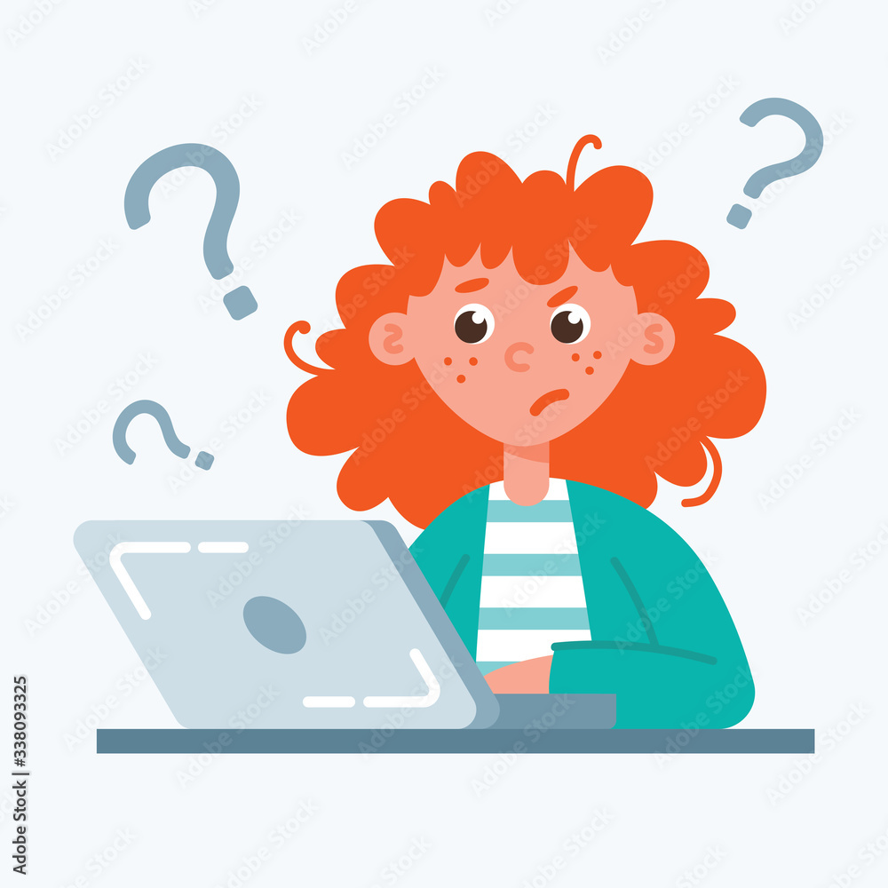 Confused girl in front of the computer Stock Vector | Adobe Stock