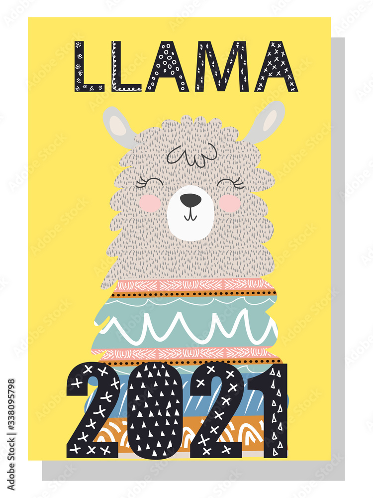 Cute monthly calendar of 2021 with a llama, cactus, inscriptions in the ...