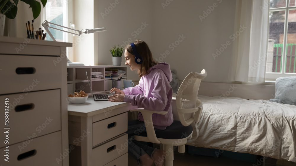 Teenage girl elearning online using computer app. Teen school student ...