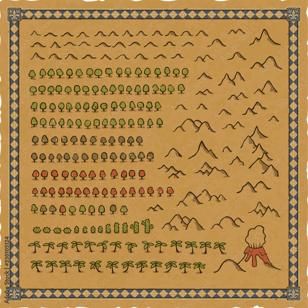 Plakat Vector set of hills, mountain, volcano, colorful tree, palm tree ...