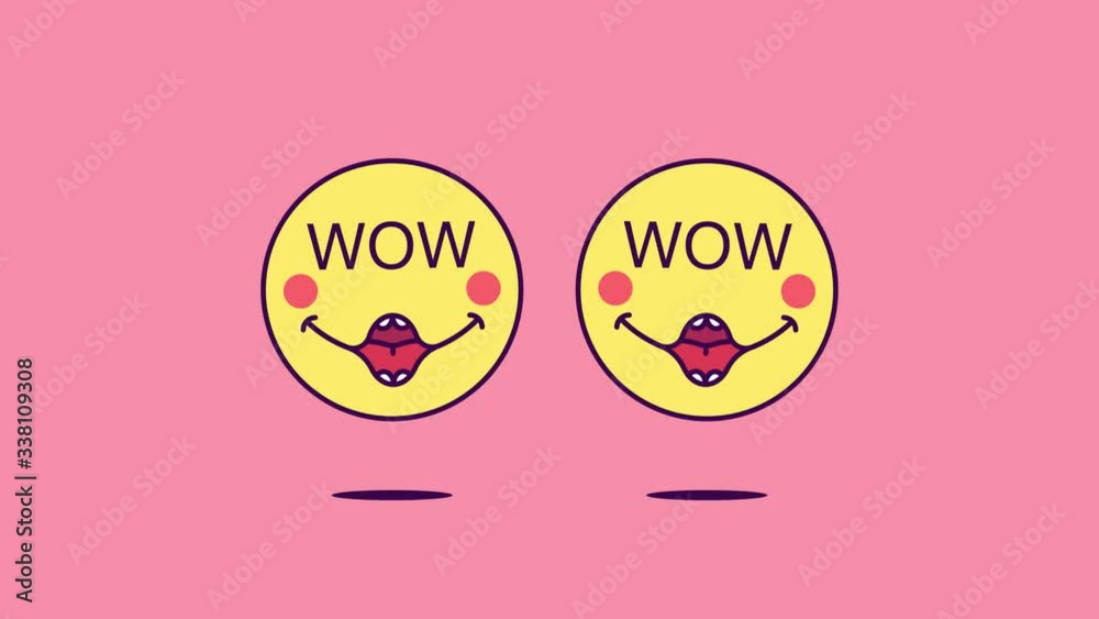 2 jumping emoji faces with phrase Wow. Enthusiastic emoticon with text ...