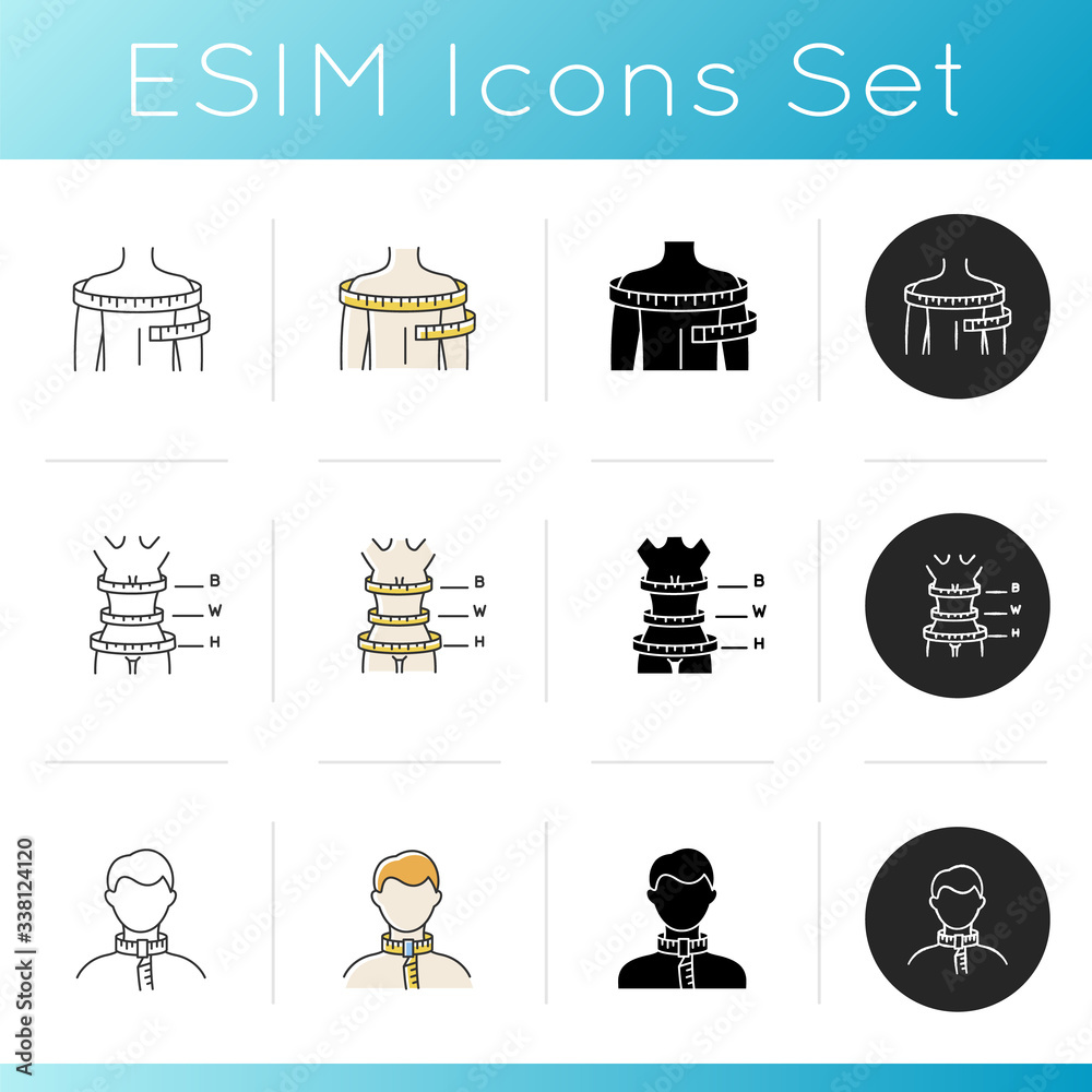 Human body sizing icons set. Linear, black and RGB color styles ...