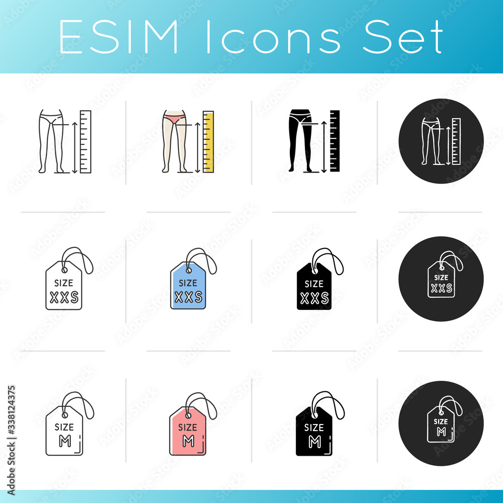 Body measuring and size tags icons set. Linear, black and RGB color ...