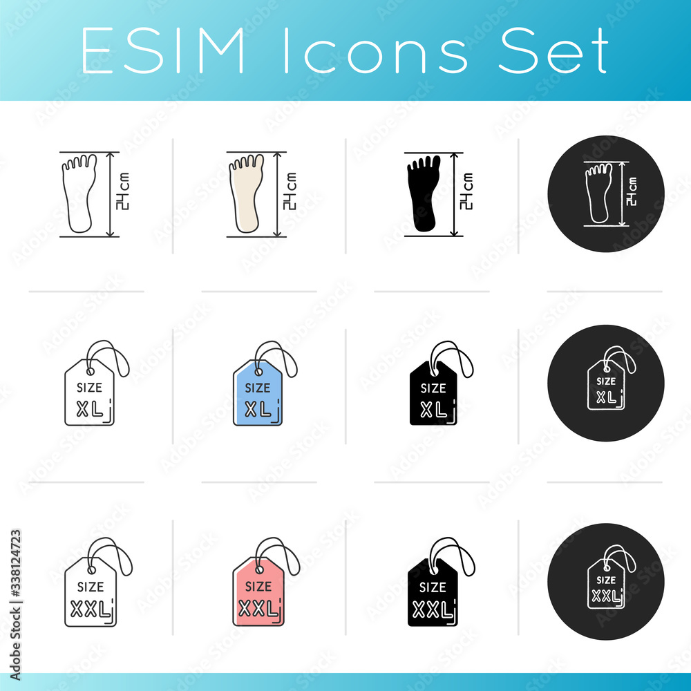 Foot measuring and size tags icons set. Linear, black and RGB color ...