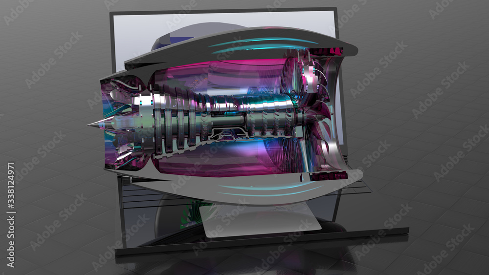 3D rendering - design a jet engine on a laptop Stock Illustration ...