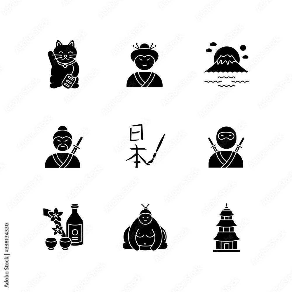 Japan black glyph icons set on white space. Maneki neko. Geisha woman ...