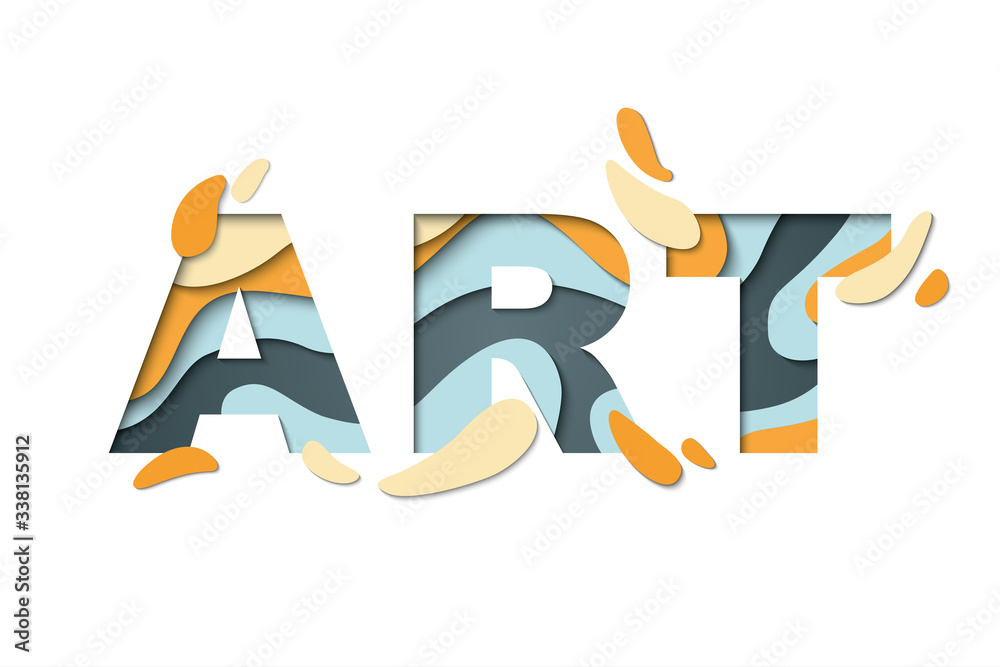 Art. Word Art in paper cut style in blue and yellow color, isolated on ...