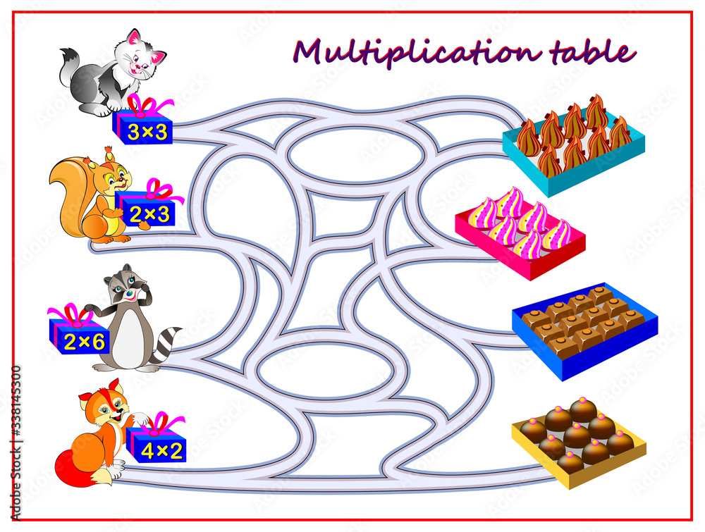 Multiplication table with labyrinth for kids. Count the quantity of ...