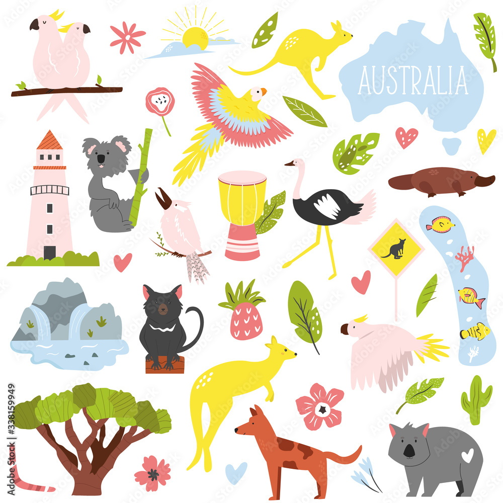 Big flat set of Australian animals and symbols. Stock Vector | Adobe Stock