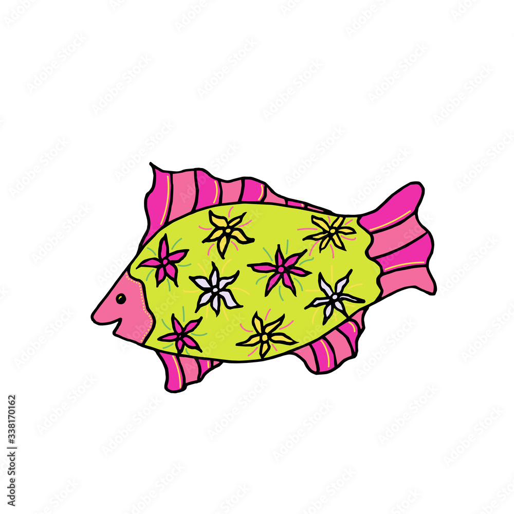 Hand-drawn multi-colored vector fish. Sea bright doodle illustration ...