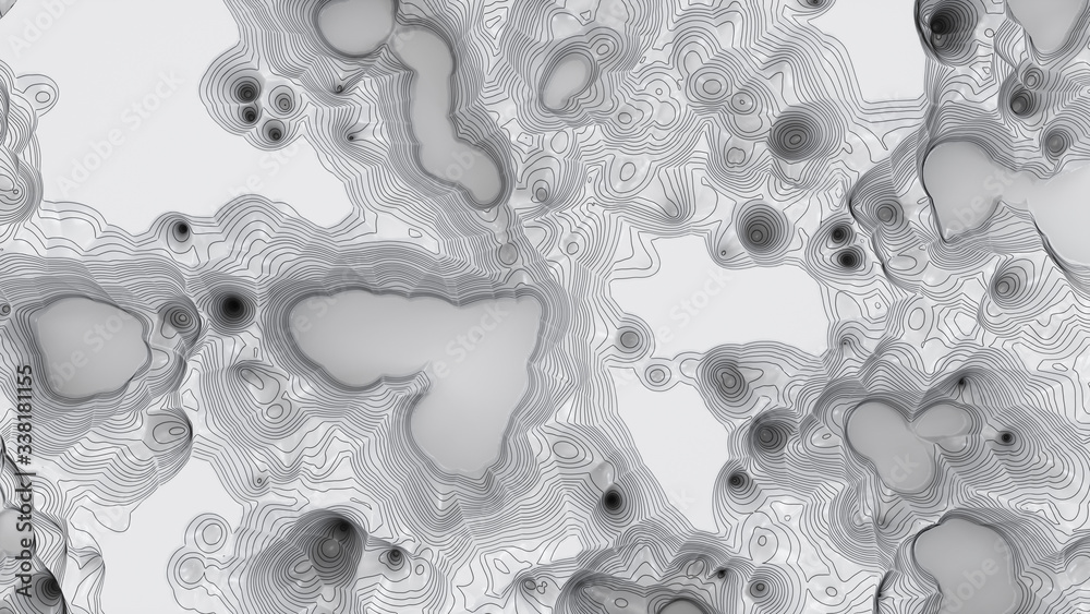White three-dimensional topographic map. Contour lines on a topographic ...