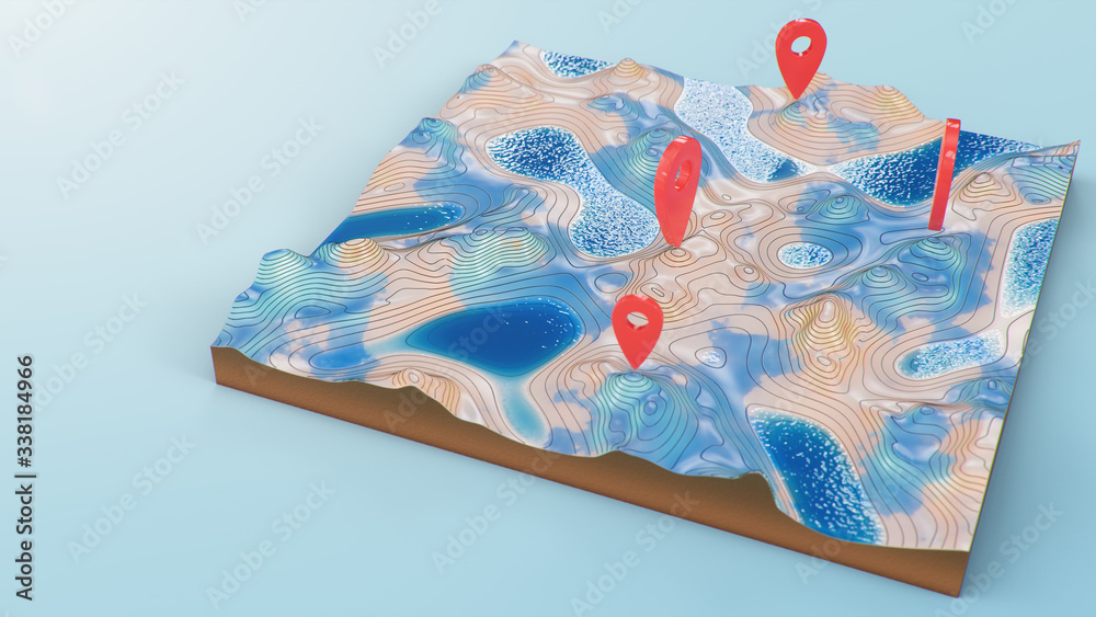 Cross section 3D Map with red point markers. Contour lines on a ...
