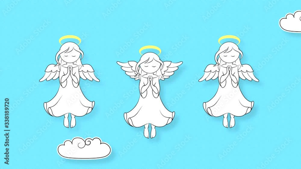 Three angels with wings and a halo fly in the sky with clouds. Looping ...