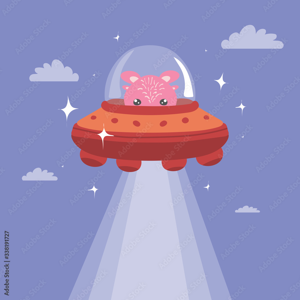 Funny cute cartoon illustration of UFO with aliens isolated on light ...