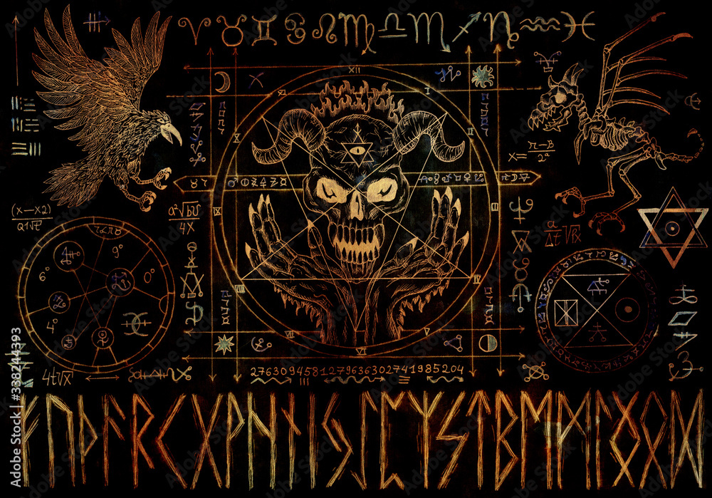 Ouija magic spiritual board design with runes and devil face on black ...