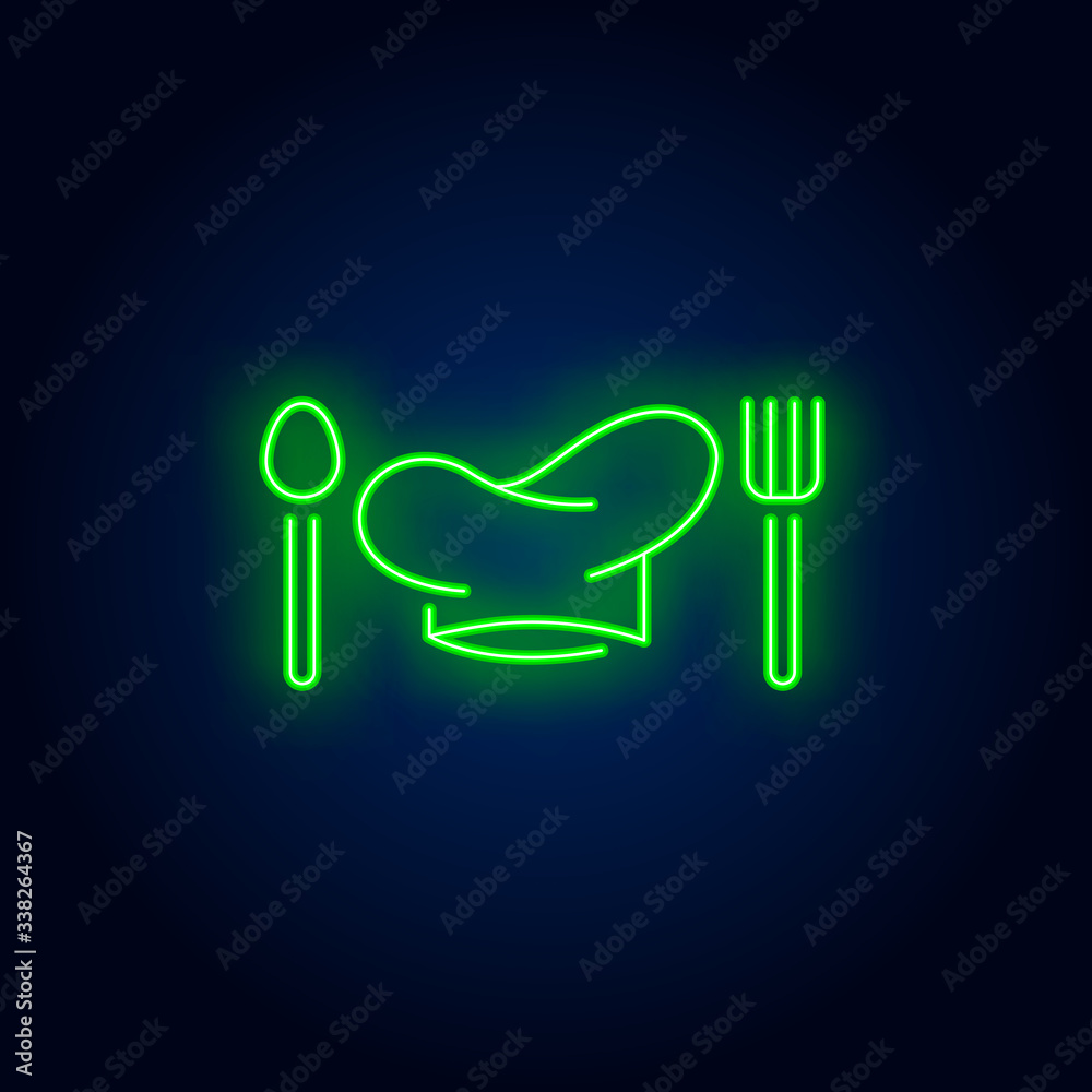 Chief cook hat, fork and spoon neon sign. Cooking, catering service ...
