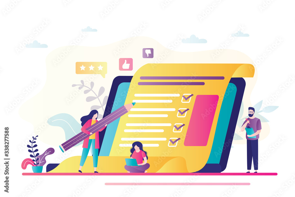 Online survey concept banner. Various people answer questions and fill ...