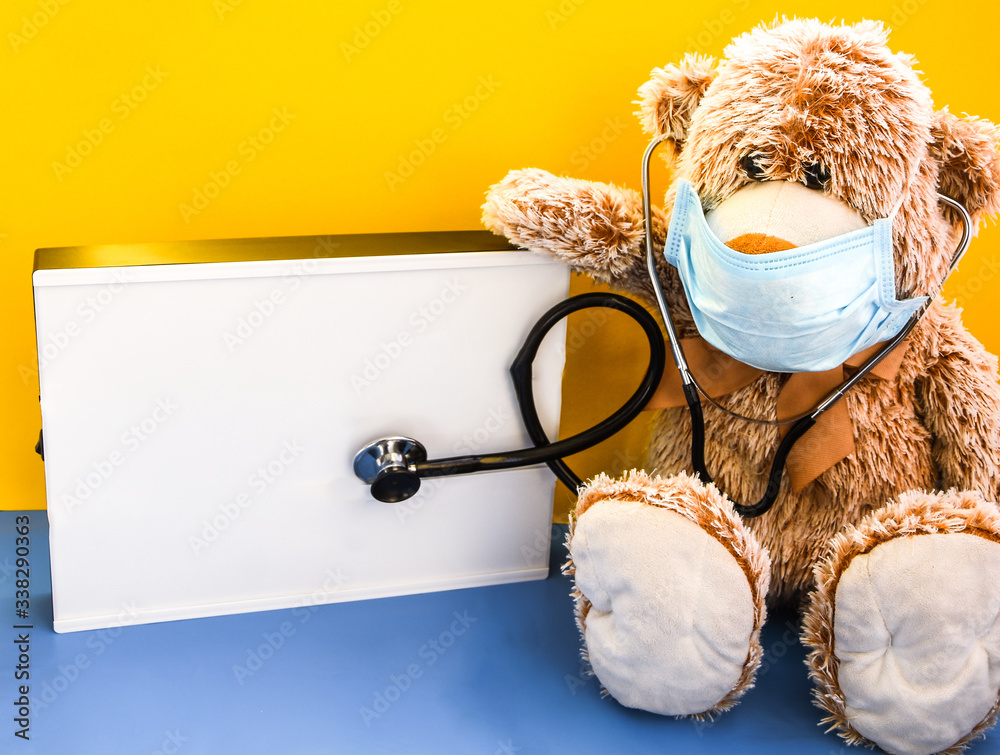 Coronavirus covid-19 and pollution protection concept. teddy bear doll ...