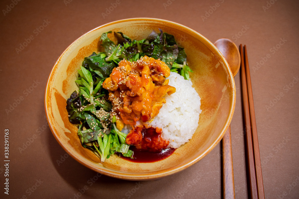 Korean food called "Sea Squirt Bibimbap" boiled rice with fresh raw sea ...