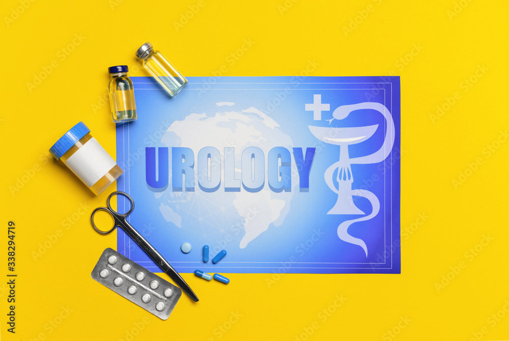 Paper sheet with text UROLOGY, urine sample and medicines on color ...