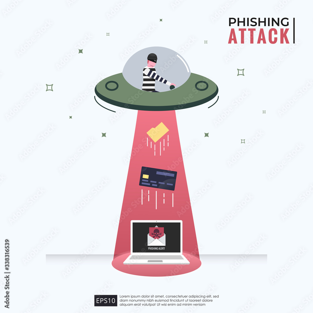 phishing attack with cartoon concept. cyber crime with ufo, laptop ...