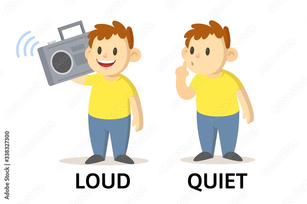 Words quiet and loud textcard with cartoon characters. Opposite ...